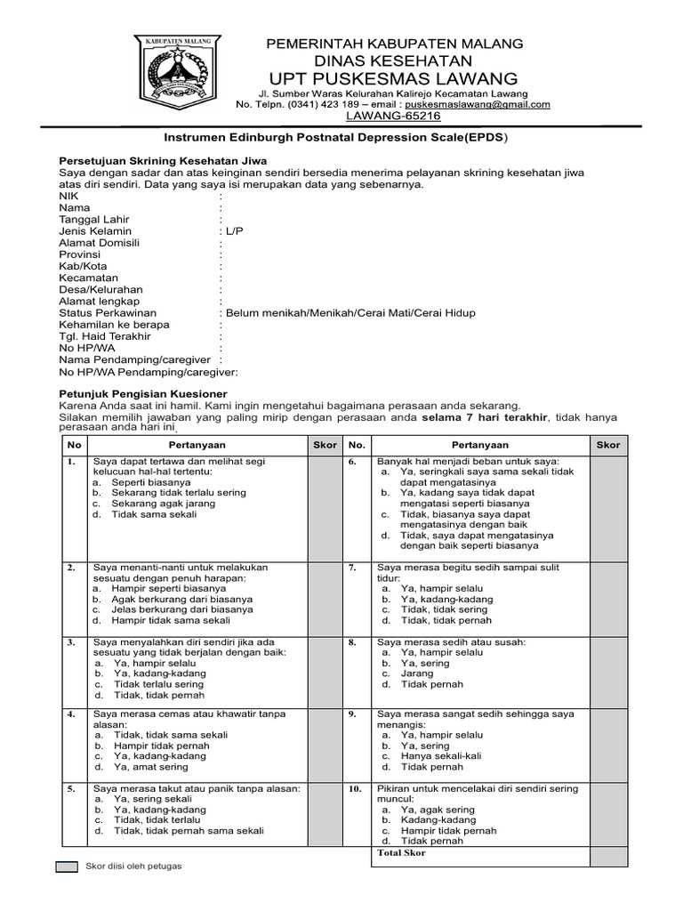 Instrumen Edinburgh Postnatal Depression Scale PKM Lawang | PDF