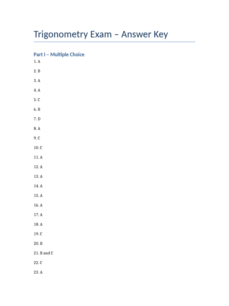 Trigonometry Exam Answer Key | PDF