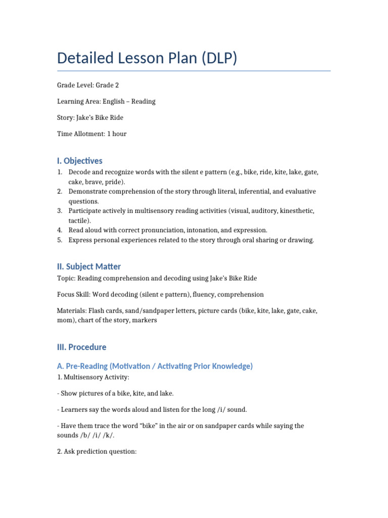 Grade 2 Reading Lesson Plan: Jake’s Bike Ride | PDF | Reading ...