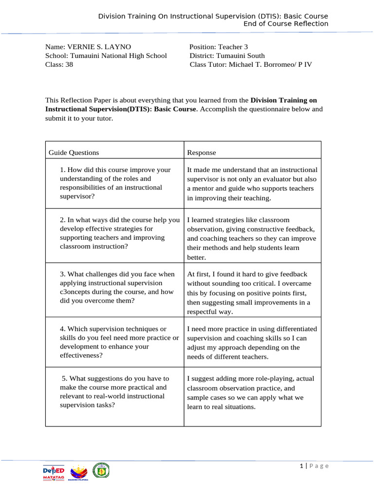 End of Course Reflection Final | PDF | Teachers | Mentorship