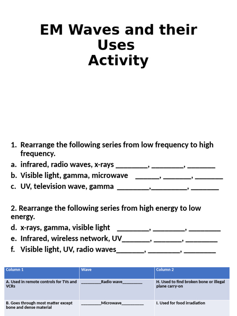 EM Waves and Their Uses Activity | PDF