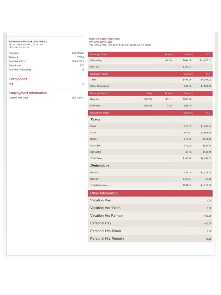 Paystub August 27 | PDF