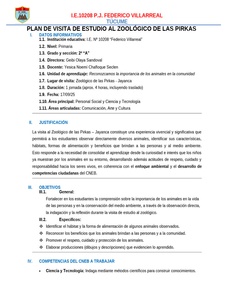 Plan de Visita de Estudio Al Zoológico de Las Pirkas | PDF | zoo