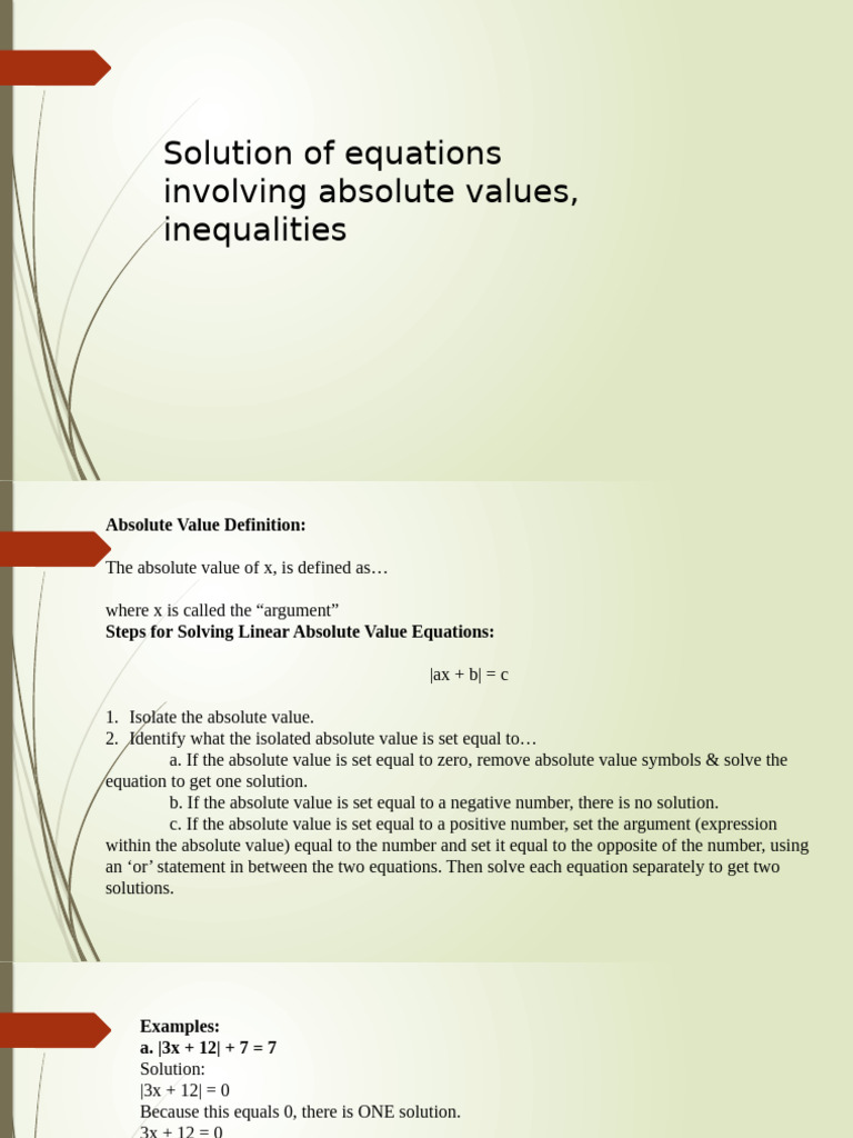 Absolute Values Equations | PDF | Inequality (Mathematics) | Equations