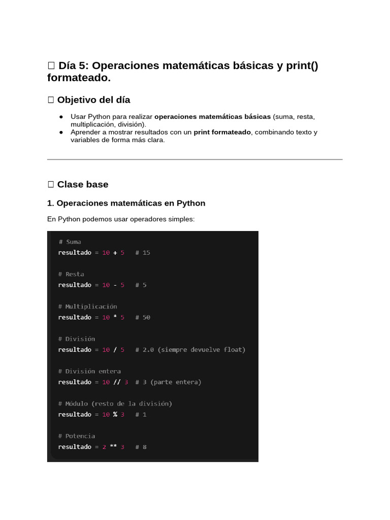 Día 5 - Operaciones Matemáticas Básicas y Print Formateado | PDF | Python (lenguaje de ...