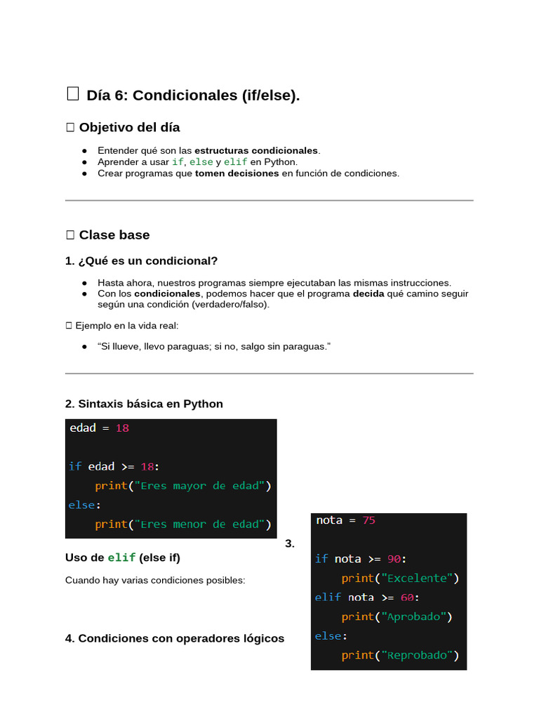 Día 6 - Condicionales (If - Else) | PDF | Python (lenguaje de programación) | Programación de ...