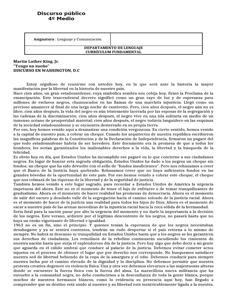 Discurso "Tengo un sueño" de MLK | PDF