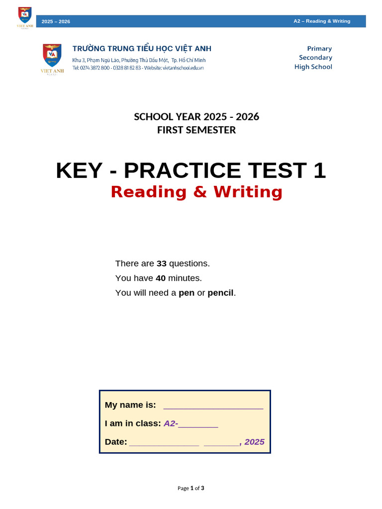 A2 - WR Practice Test 1 - Key | PDF