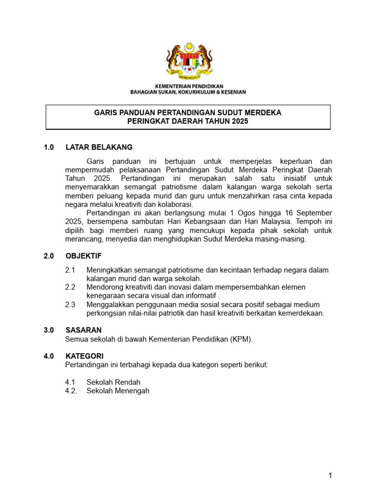 Garis Panduan Pertandingan Sudut Merdeka Peringkat Daerah Tahun | PDF