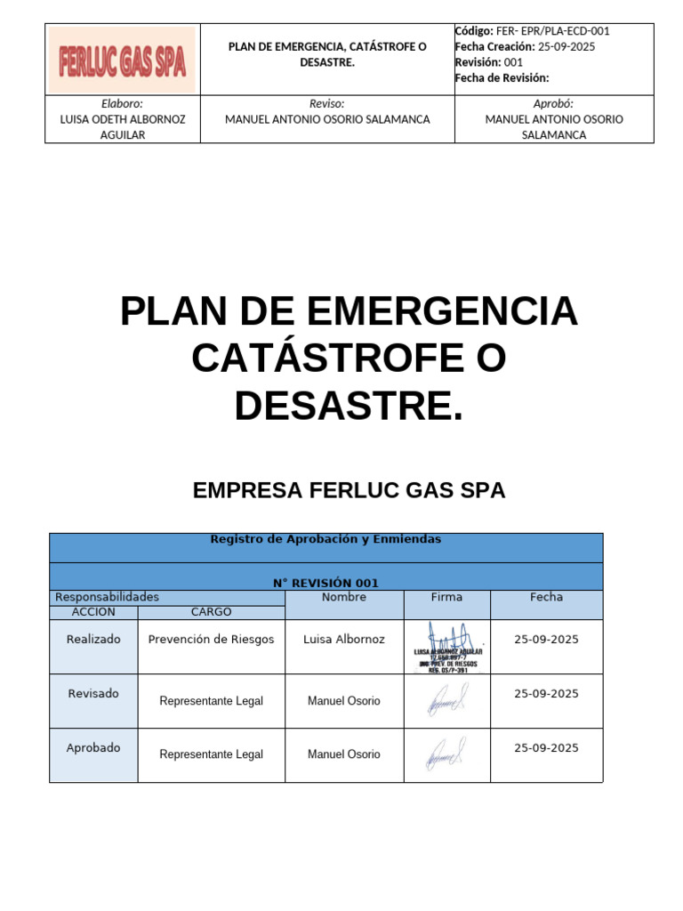 Plan de Emergencia Ferluc Gas SPA | PDF | Residuos peligrosos | Residuos