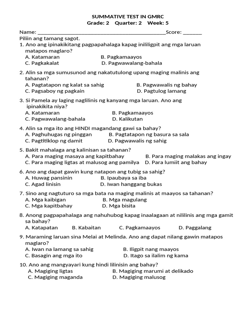 Summative Test in GMRC 2 q2w6 | PDF