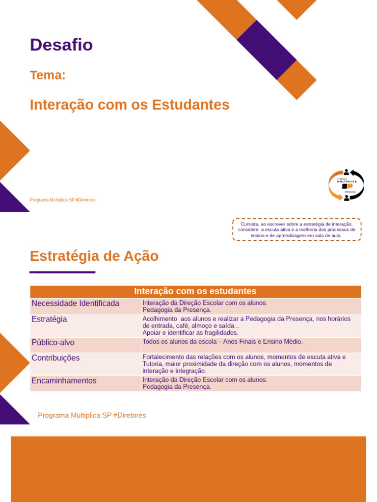 Interação Direção-Alunos no Multiplica SP | PDF