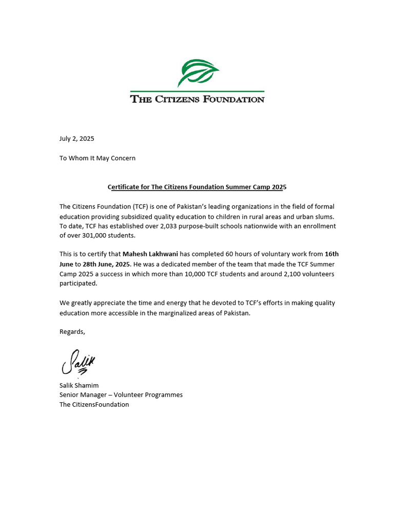 Real TCF Letter of Mahesh Lakhwani | PDF