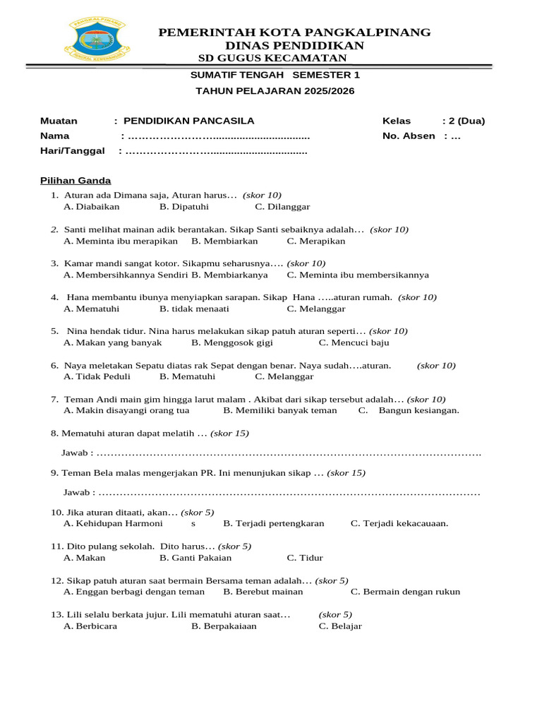 Soal STS 1 PP KLS 2 2025-2026 | PDF