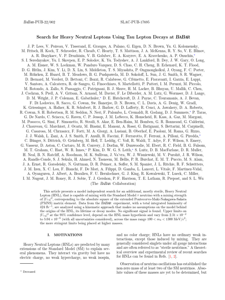 Search For Heavy Neutral Leptons Using Tau Lepton Decays at BABAR | PDF | Particle Physics ...