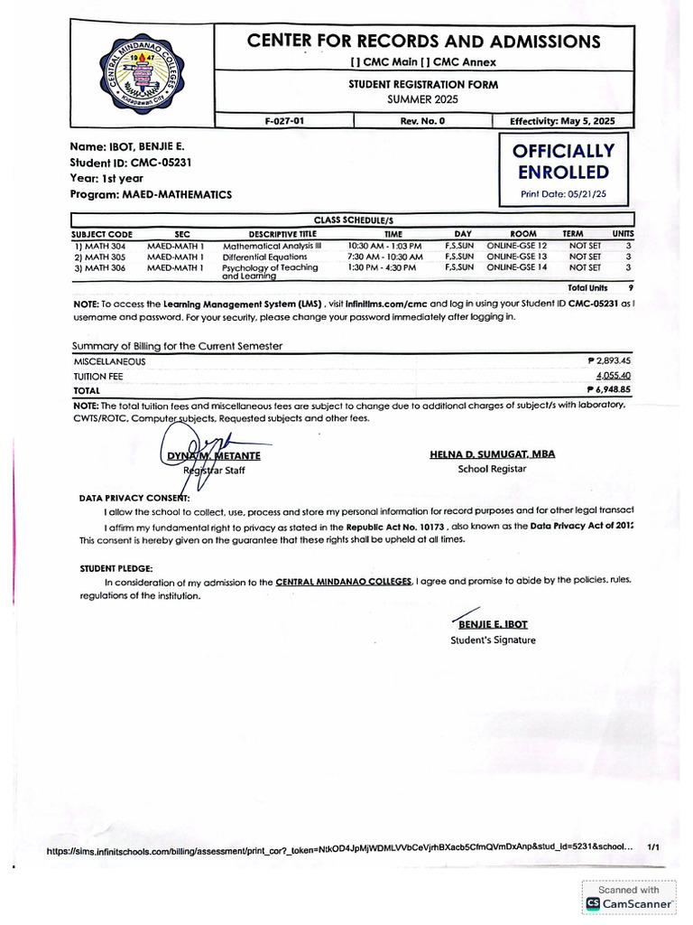Certificate of Enrolment - CMC - MAED Math | PDF