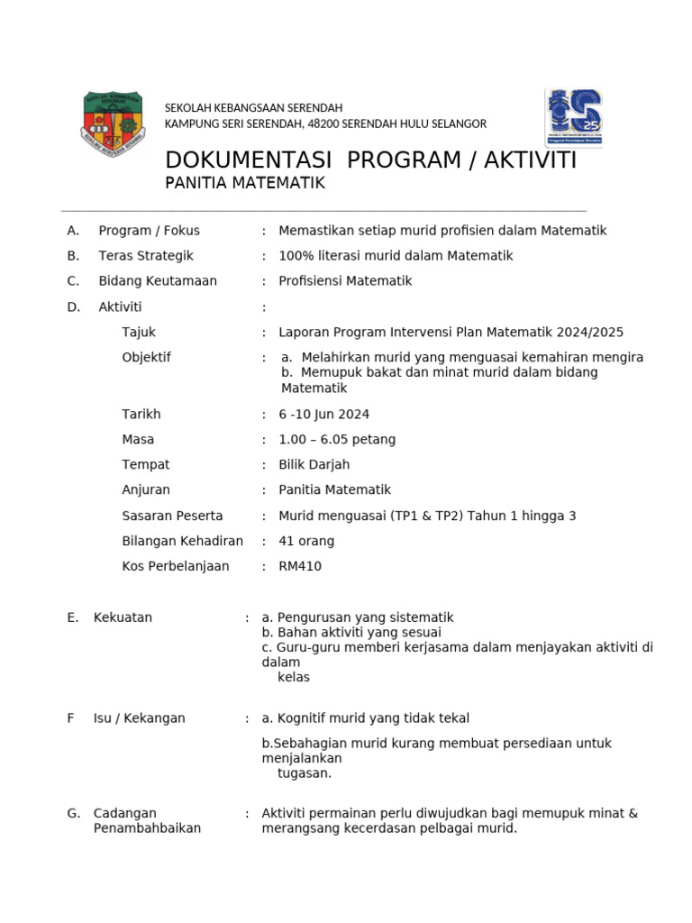 Laporan Program Intervensi Plan Matematik 20242025 | PDF