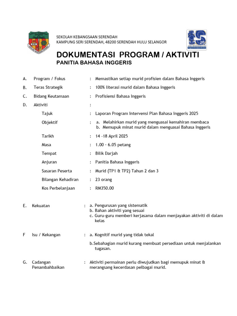 Laporan Program Intervensi Plan English 2025 | PDF