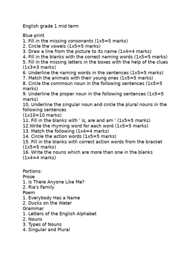 English Grade 1 Mid Term | PDF | English Language | Linguistics