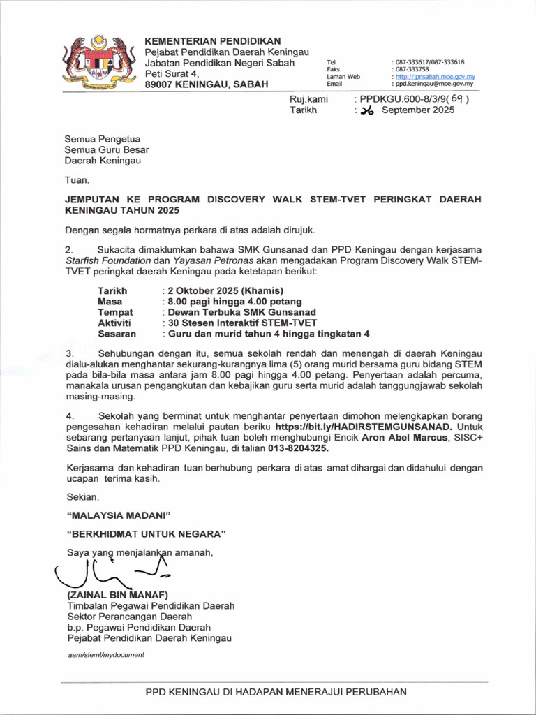 Surat Jemputan Discovery Walk STEM Peringkat Daerah 2025 | PDF