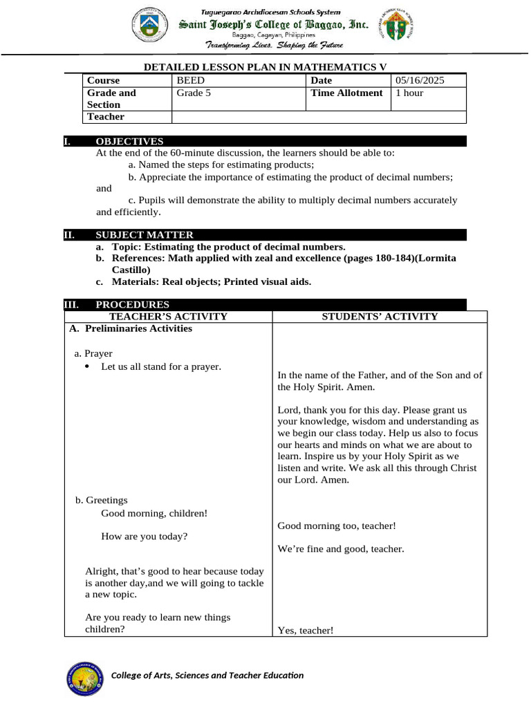 Estimating Decimal Products Lesson Plan | PDF | Lesson Plan | Teachers
