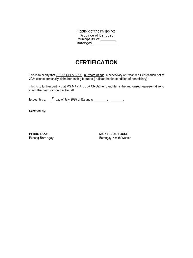 Barangay Health Certificate for Juana Dela Cruz | PDF