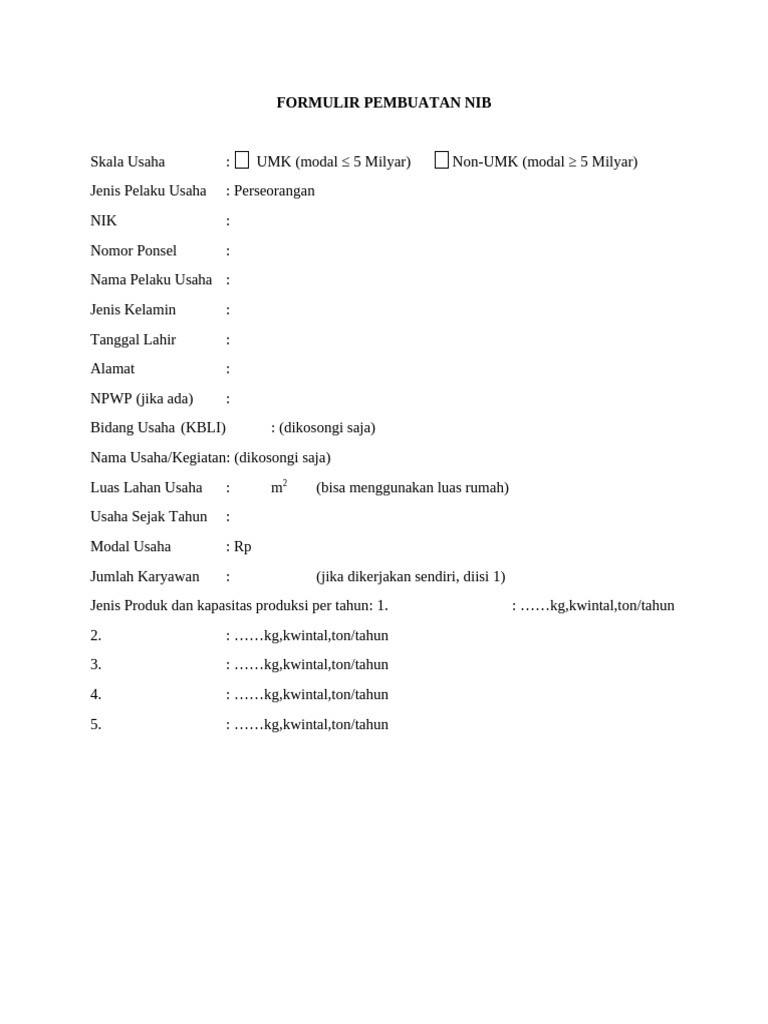 Formulir Pembuatan Nib | PDF