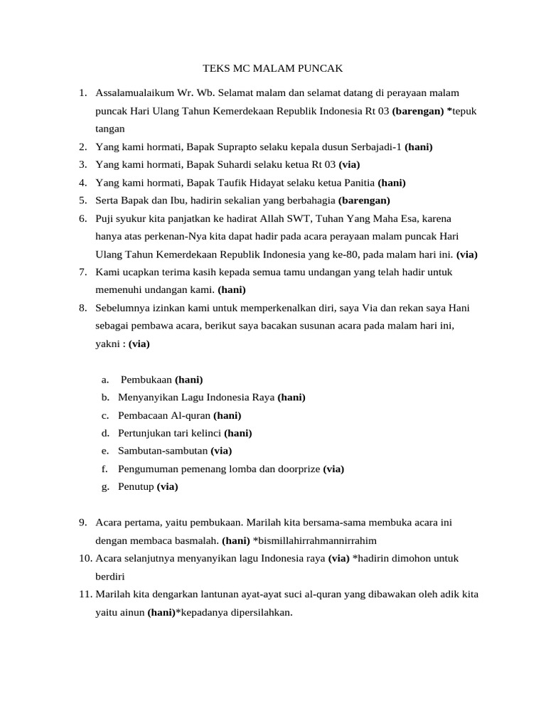 Teks MC Malam Puncak | PDF