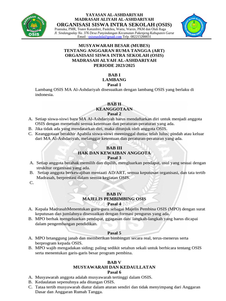 AD/ART OSIS MA Al-Ashdariyah 2023-2025 | PDF