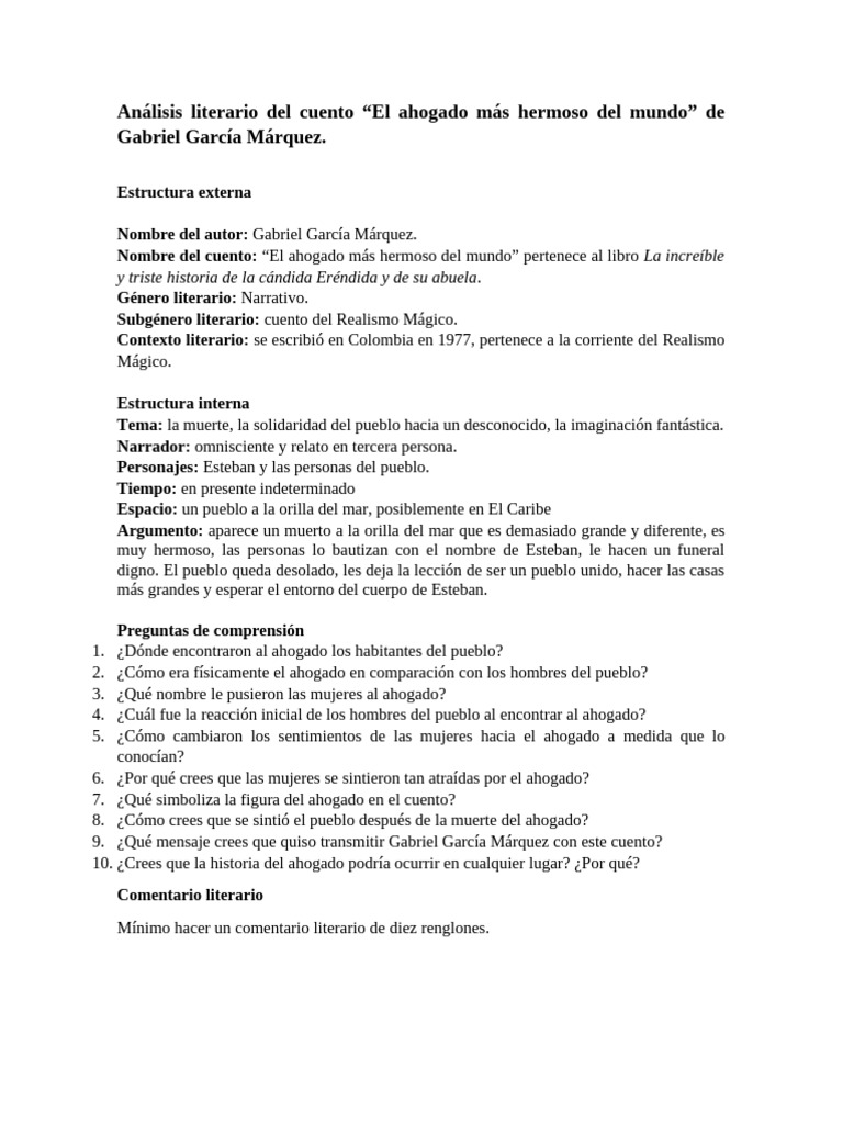 Análisis Literario Del Cuento El Ahogado Más Hermoso Del Mundo | PDF