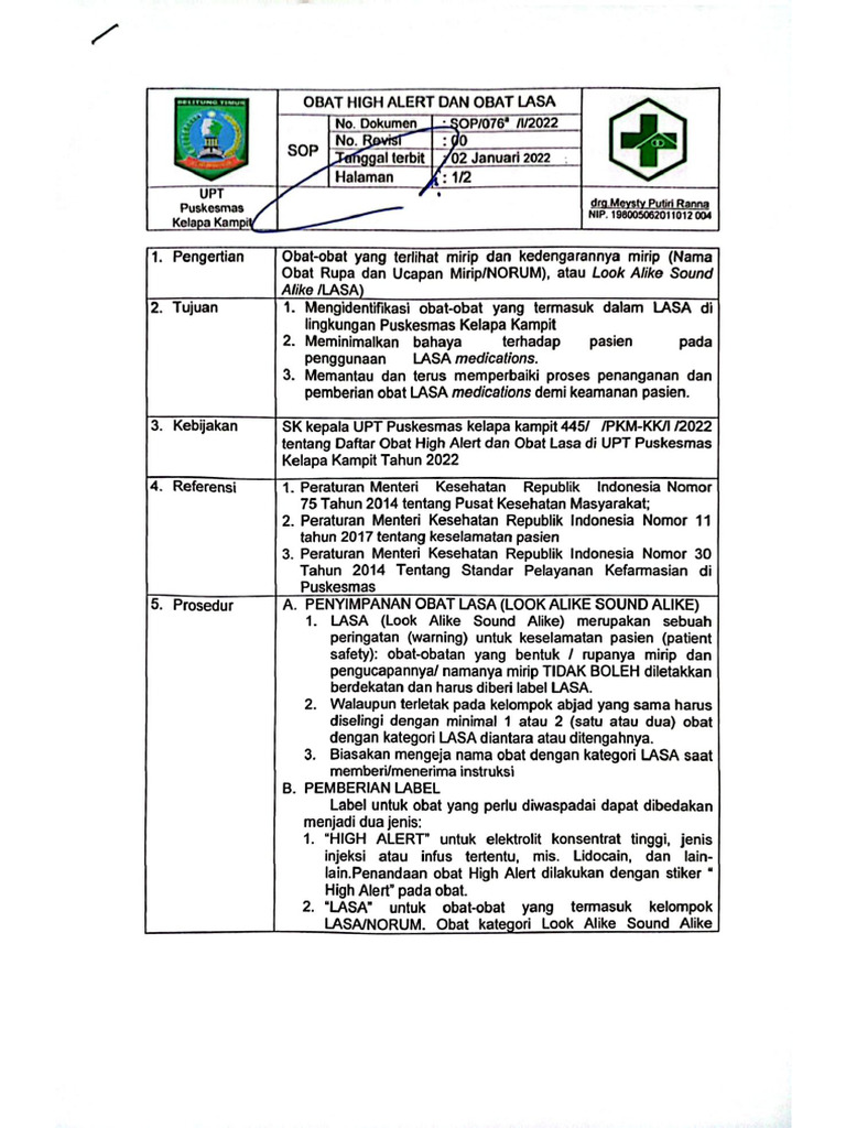 Sop Obat High Alert Dan Obat Lasa | PDF