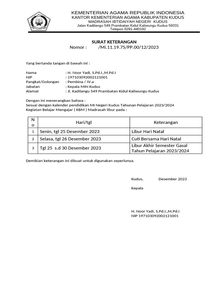 Libur KBM MIN Kudus 2023/2024 | PDF