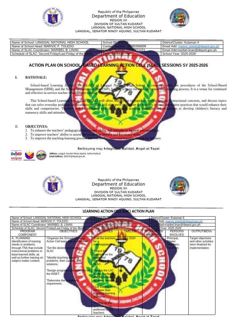 SLAC Action Plan for Langgal High School | PDF | Teachers | Learning