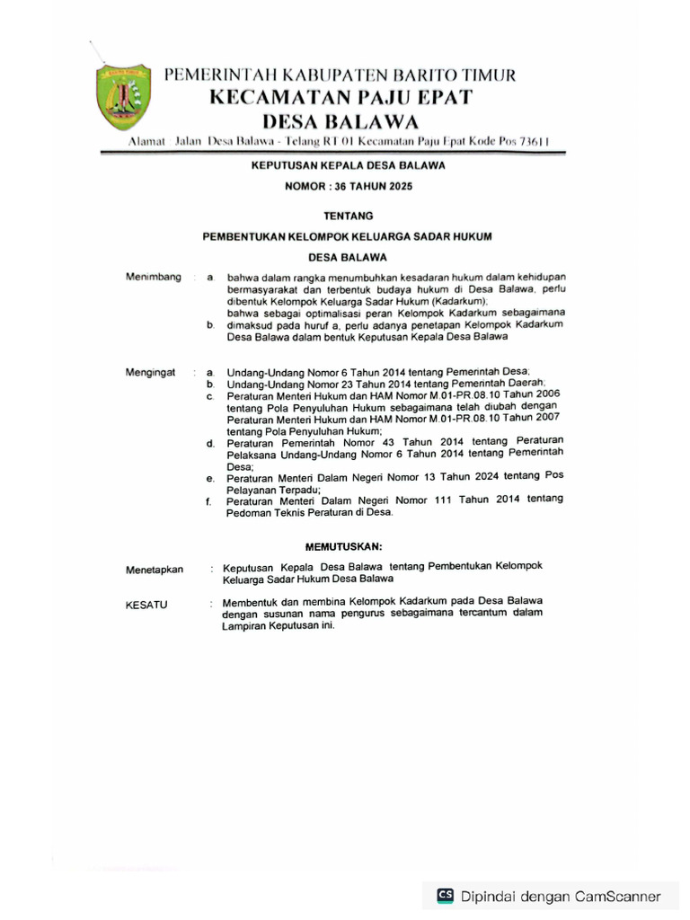 SK Pembentukan Kadarkum Desa Balawa | PDF