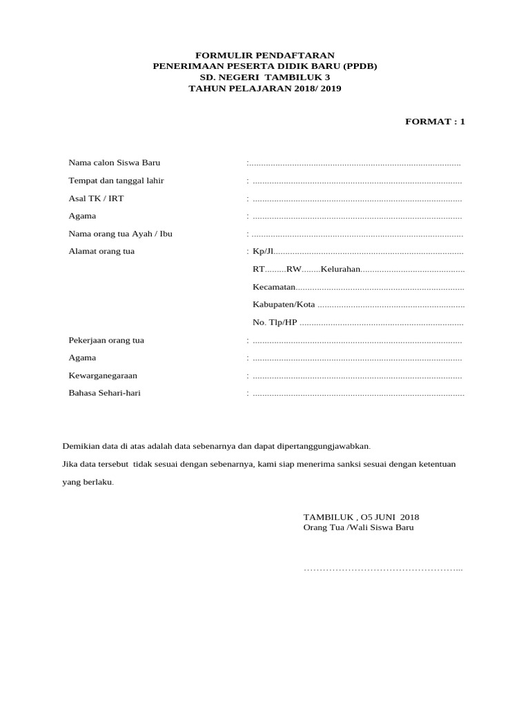 Formulir PPDB SD Negeri Tambiluk 3 | PDF