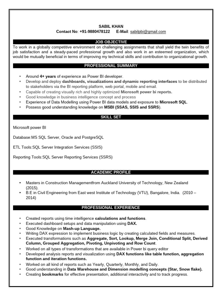 Sabil Khan 4.2 Years Power BI Developer HCL Bangalore | PDF | Microsoft Sql Server | Databases