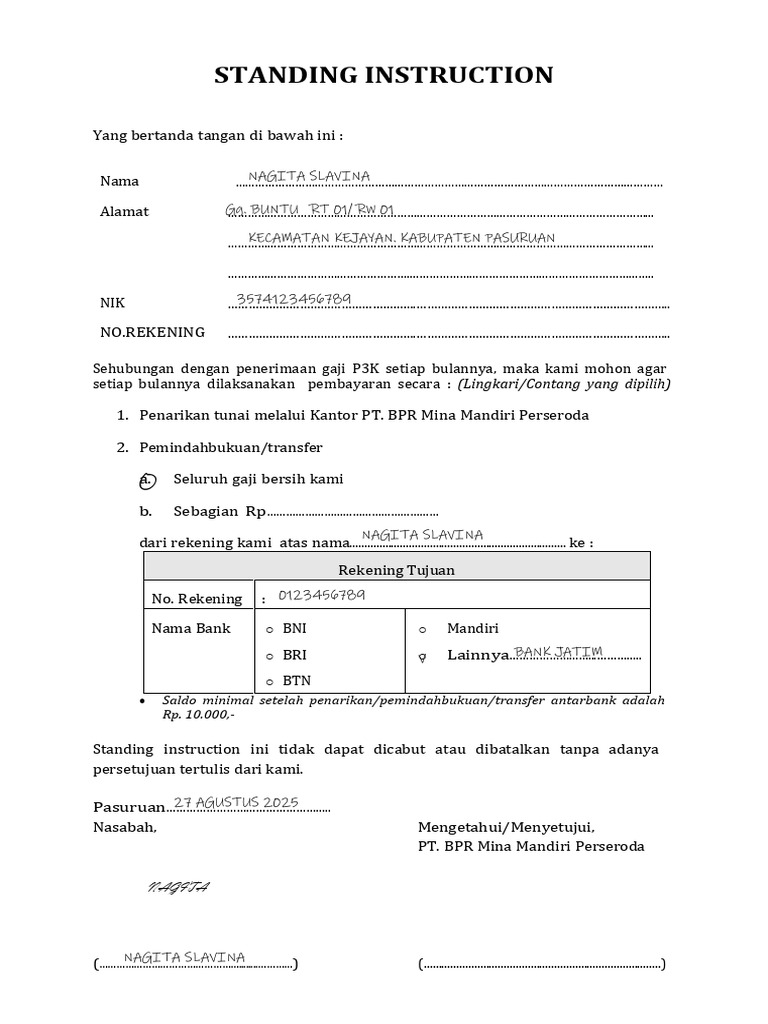 Form Standing Instruction | PDF