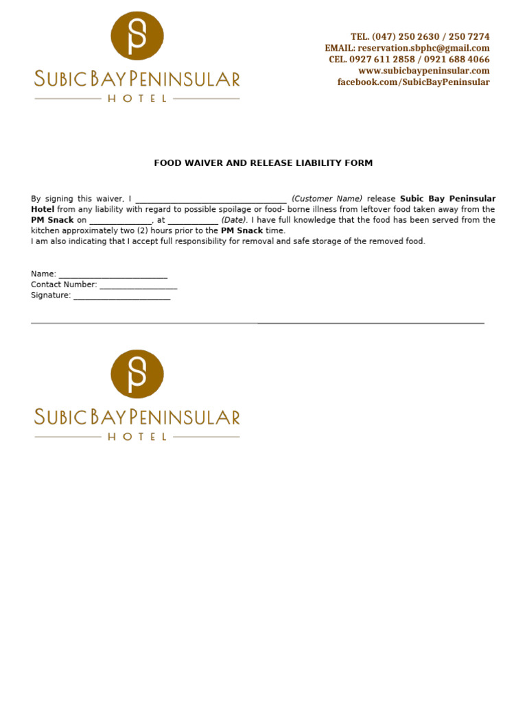 Food Waiver and Release Liability Form | PDF