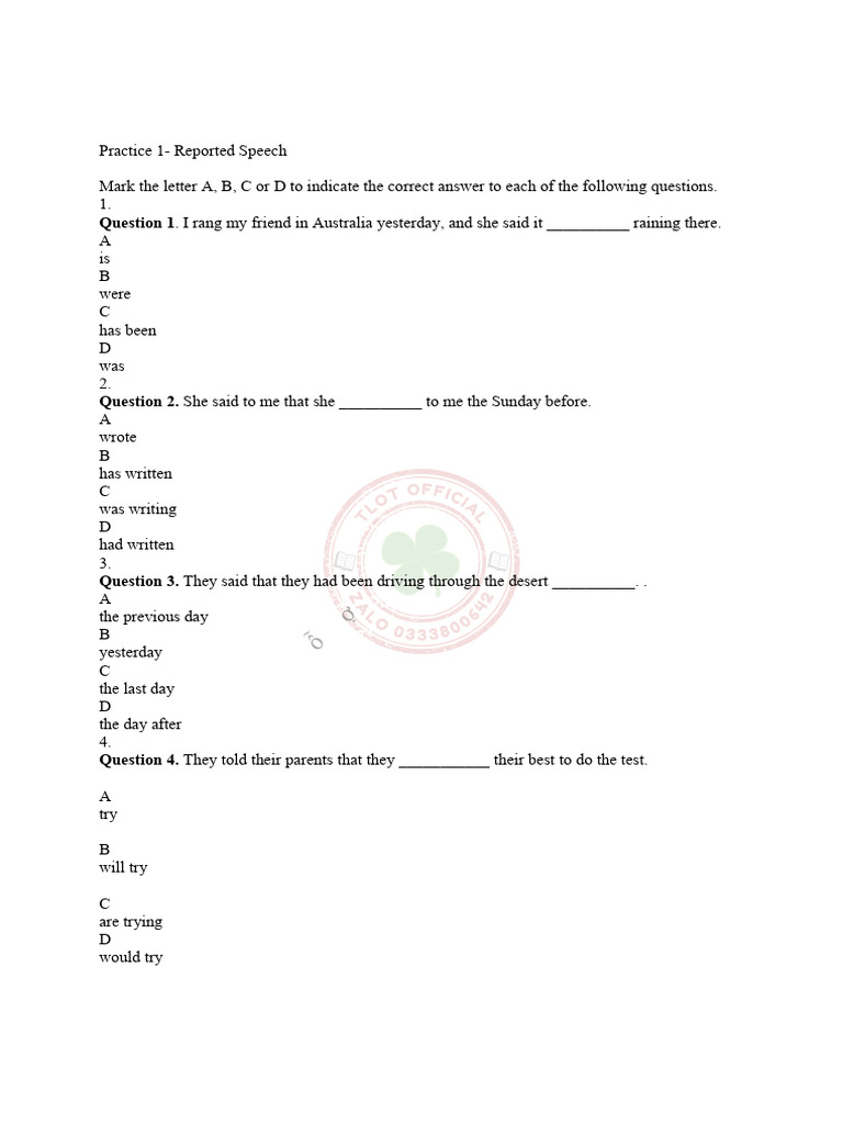 Reported Speech Practice Questions | PDF