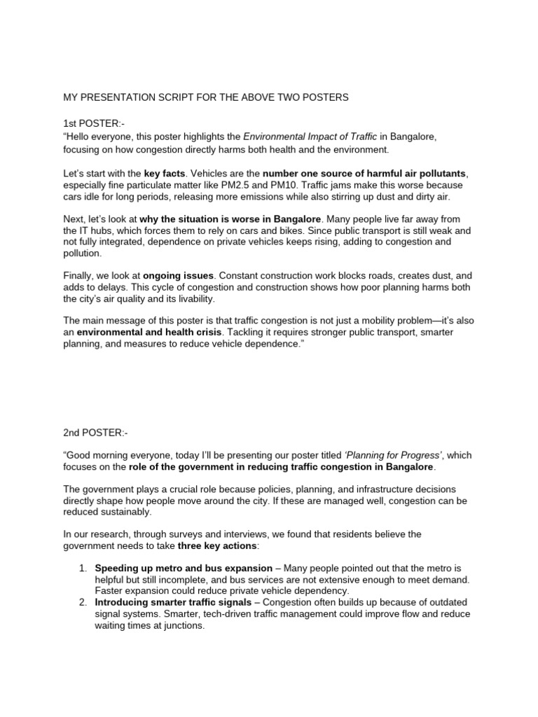 My Presentation Script For The Above Two Posters | PDF | Traffic ...