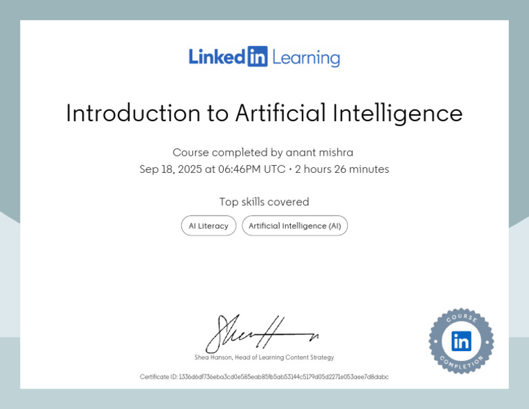 Introduction to AI Course Completion | PDF