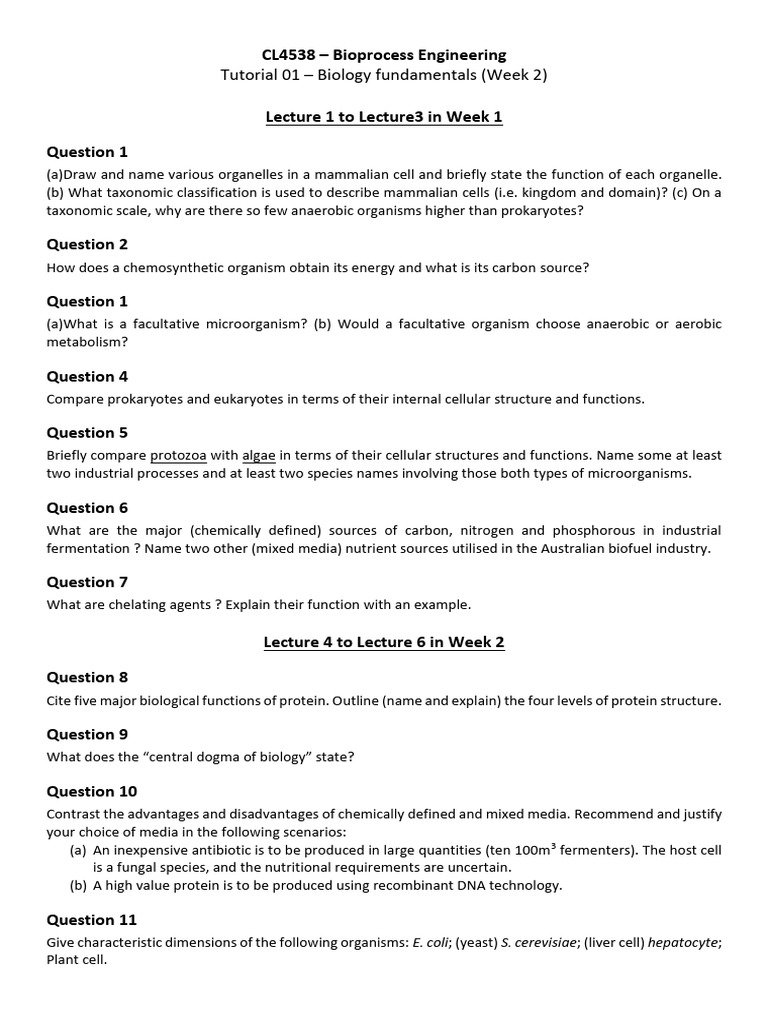 CL4538 - Tutorial 01 - Week2 - 2025 | PDF | Cell (Biology) | Yeast