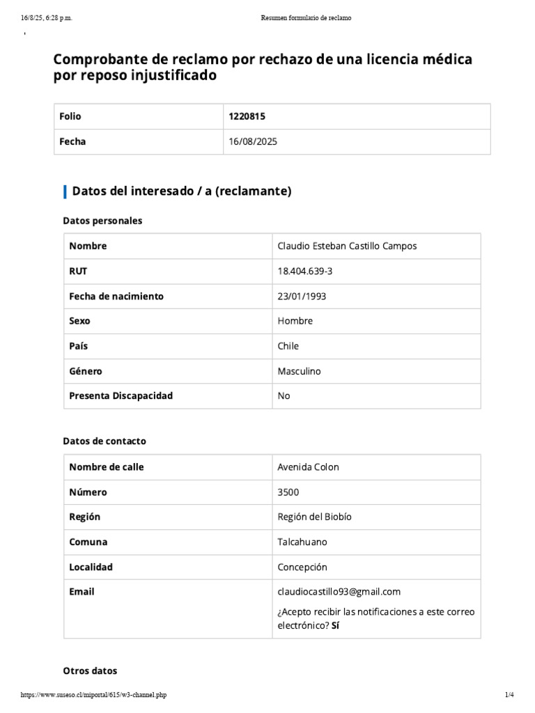 Resumen Formulario de Reclamo | PDF