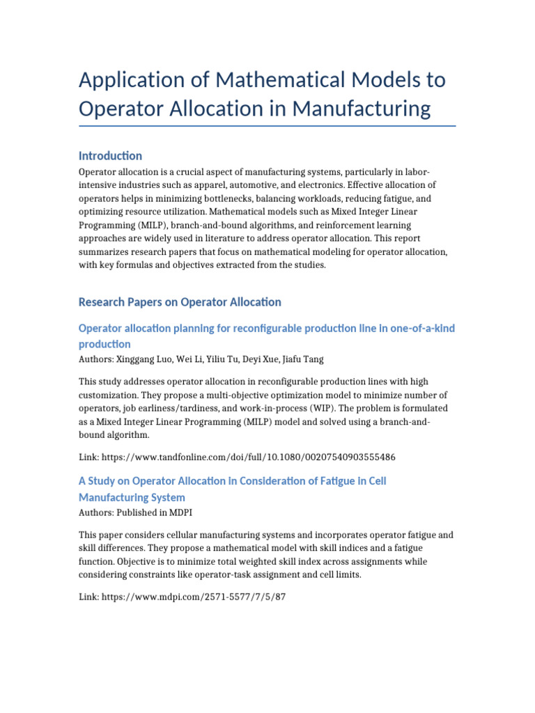 Mathematical Models for Operator Allocation | PDF | Linear Programming ...