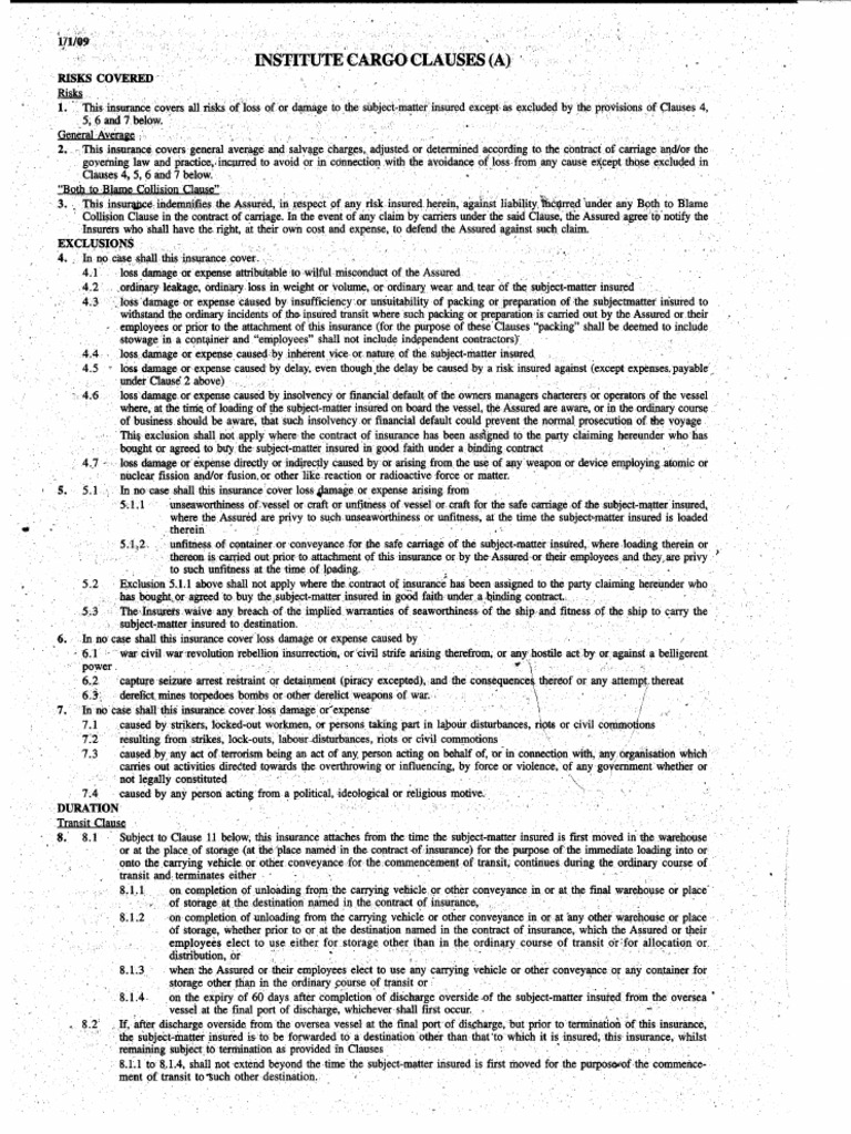 Institute Cargo Clauses A | PDF