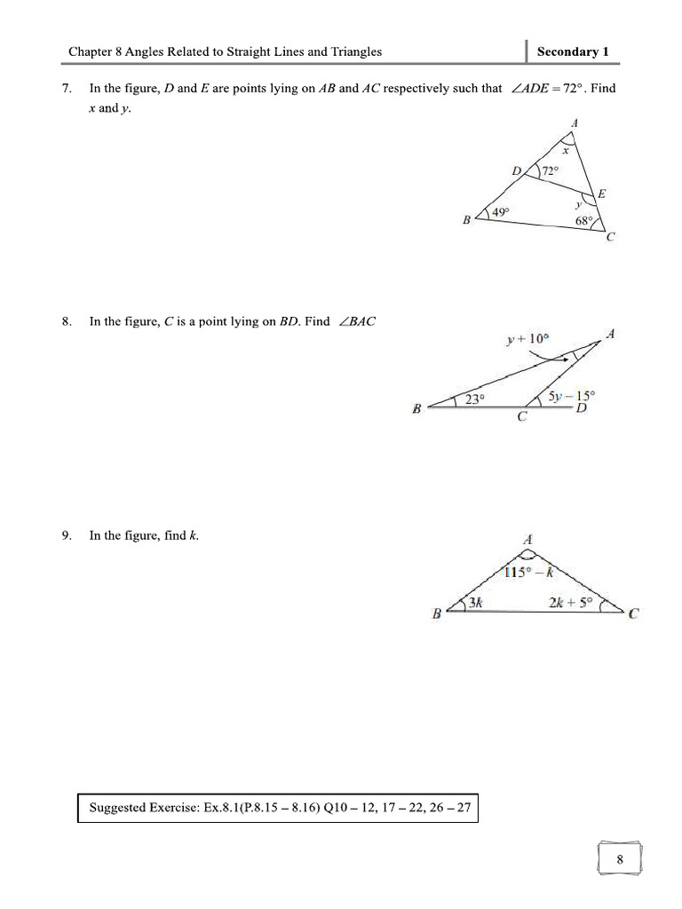 S1 CH8 Angles Related To Straight Lines and Triangles - Question - 1 | PDF