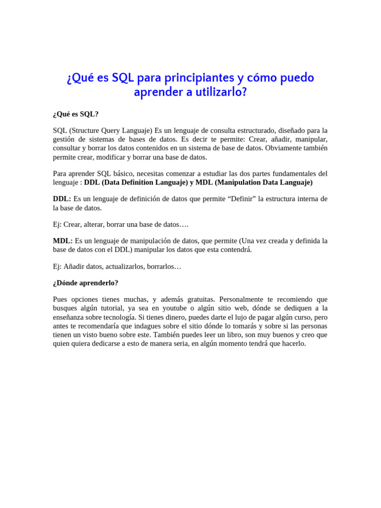 Qué Es SQL para Principiantes y Cómo Puedo Aprender A Utilizarlo | PDF