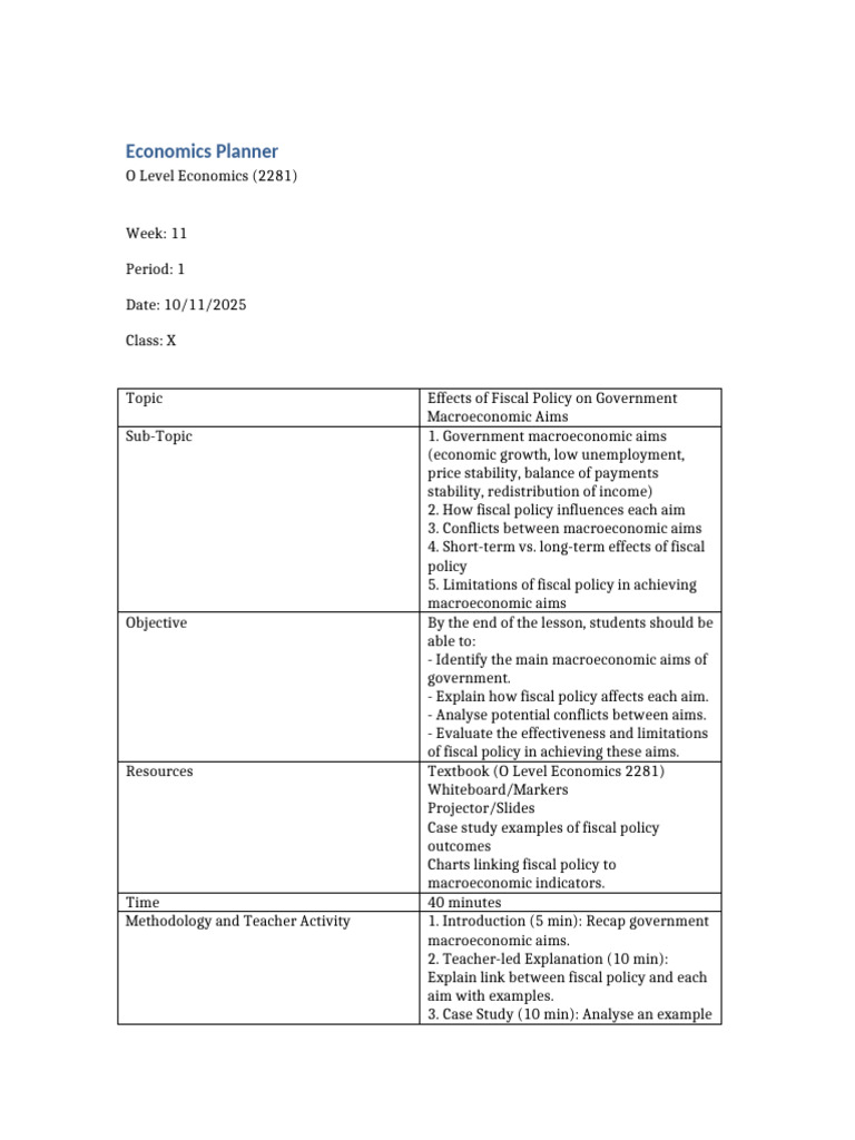 Economics Lesson Plan Fiscal Policy Effects | PDF | Macroeconomics ...