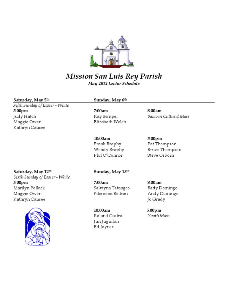 May 2012 Lector Schedule - Mission San Luis Rey | PDF