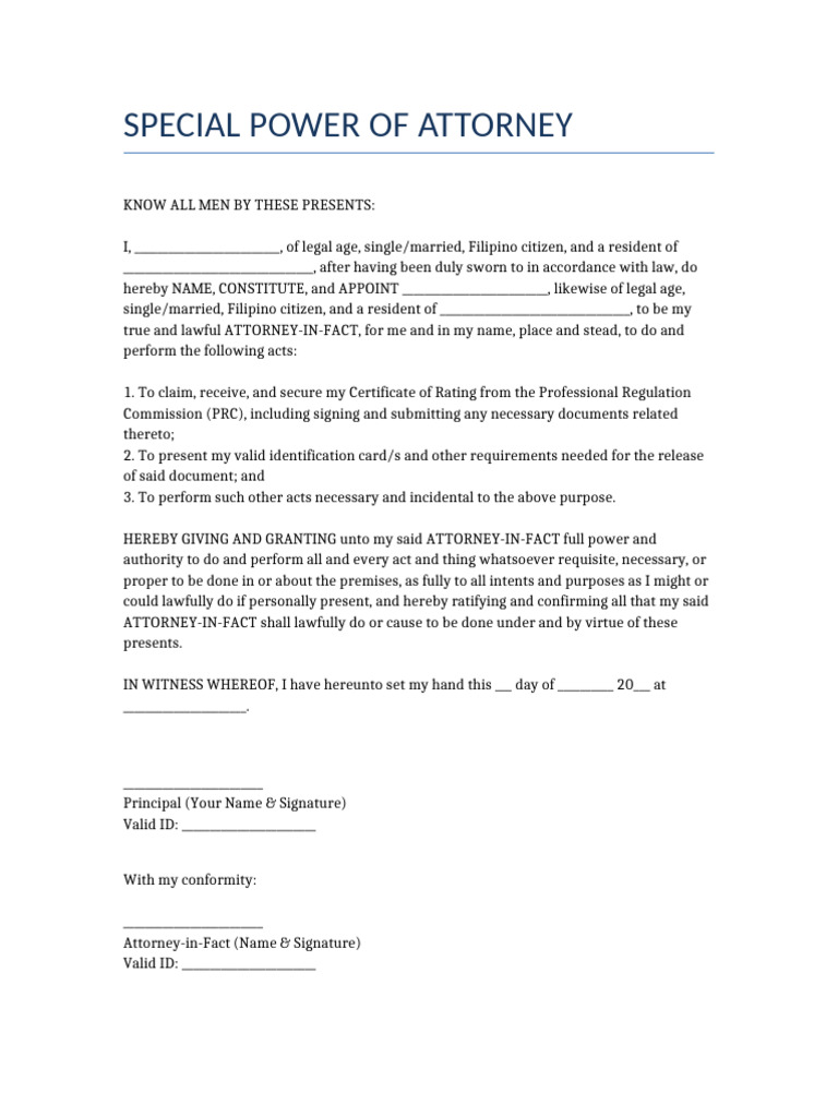 Special Power of Attorney Certificate of Rating | PDF | Power Of ...
